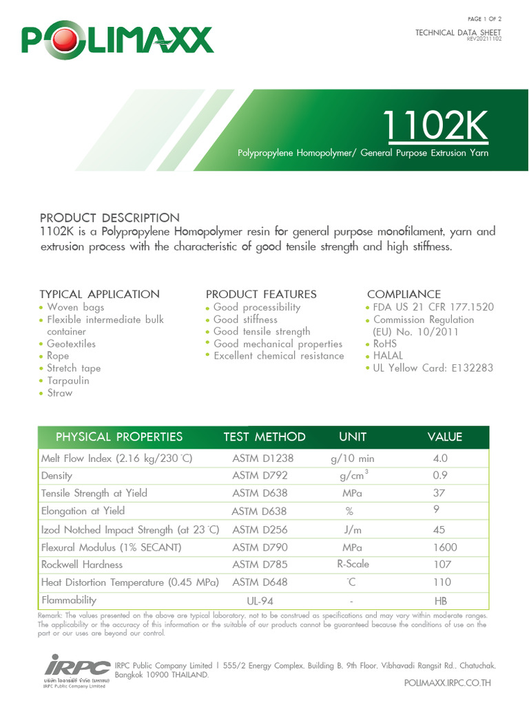 PP Homo 1102k Datasheet | PDF | Recycling | Polymers