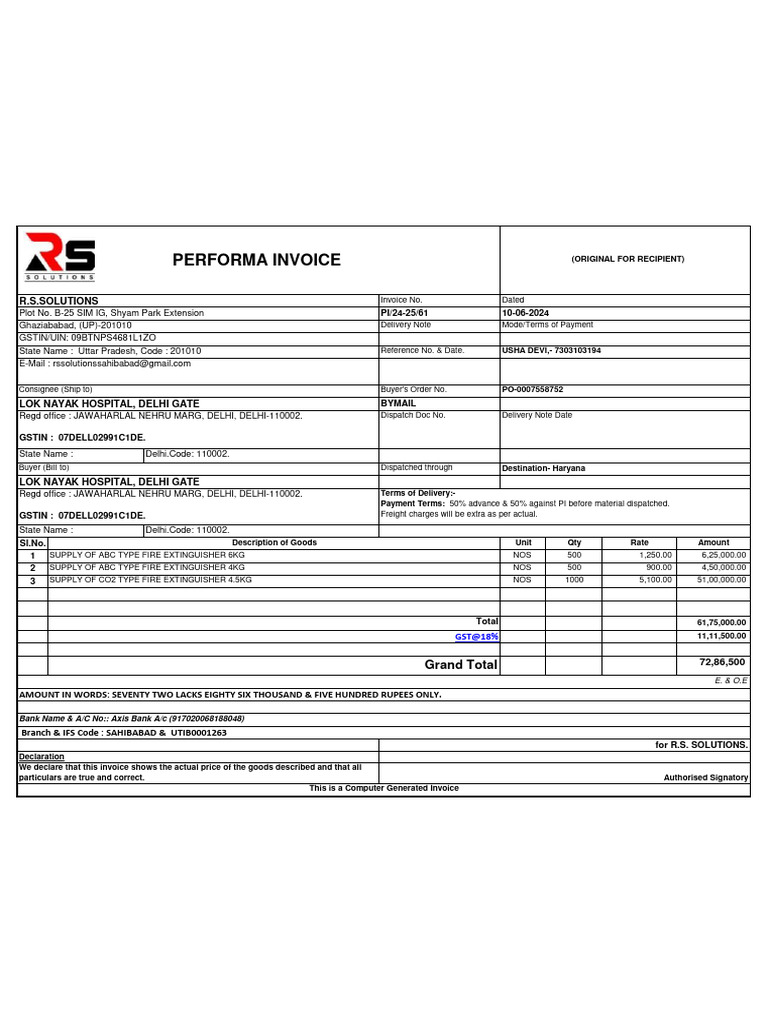 Proforma Invoice - 61 (Lok Nayak Hospital, Delhi Gate) | PDF