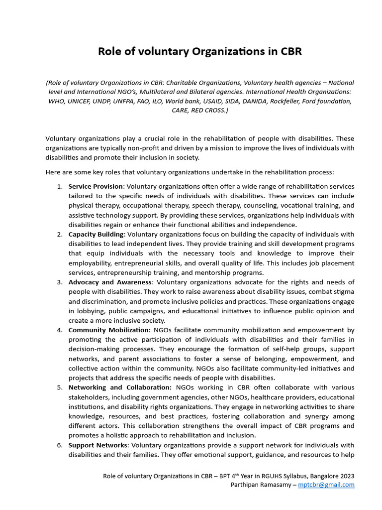 Role of NGO in CBR - BPT Final Year Community Physiotherapy | PDF | Non Governmental ...