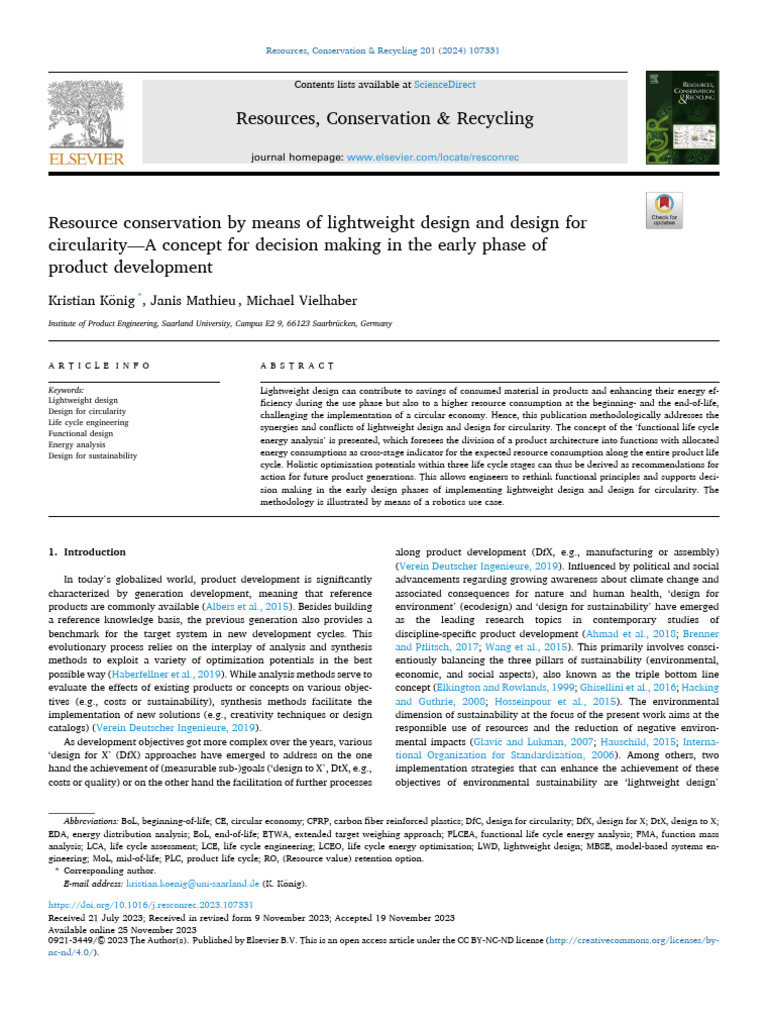 Resource Conservation by Means of Lightweight Design and Design For ...