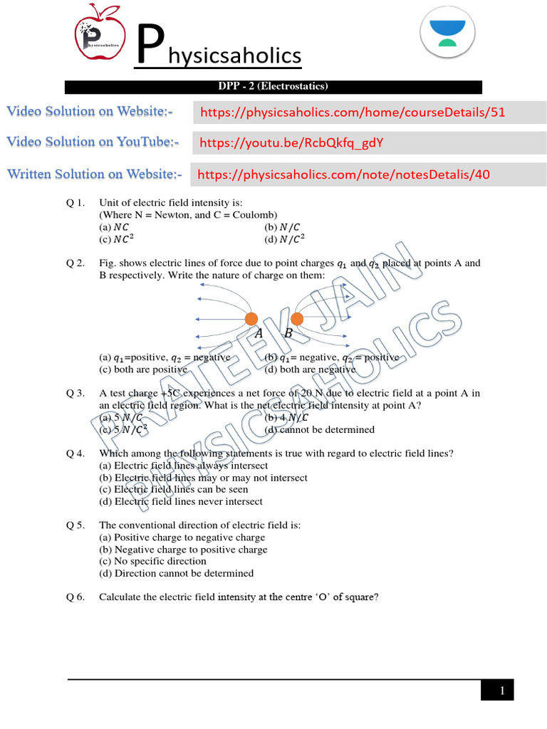 DPP-2 Electrostatics - Electric Field | Download Free PDF | Electric Field | Electric Charge