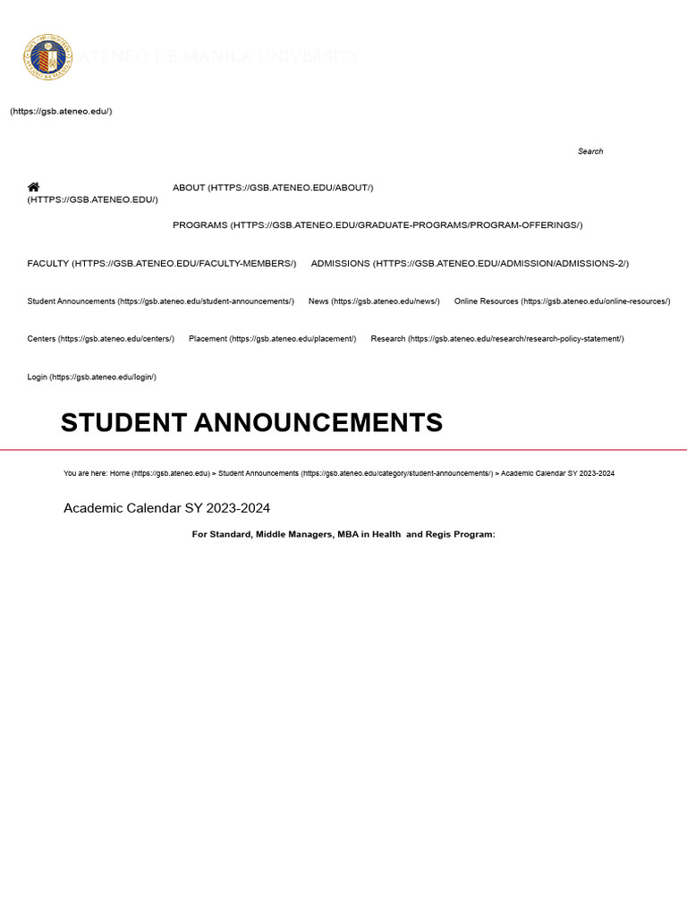 Academic Calendar SY 2023-2024 _ Ateneo Graduate School of Business | PDF