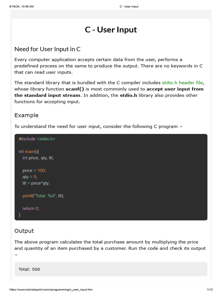 C - User Input | Download Free PDF | Computer Engineering | Computer Science