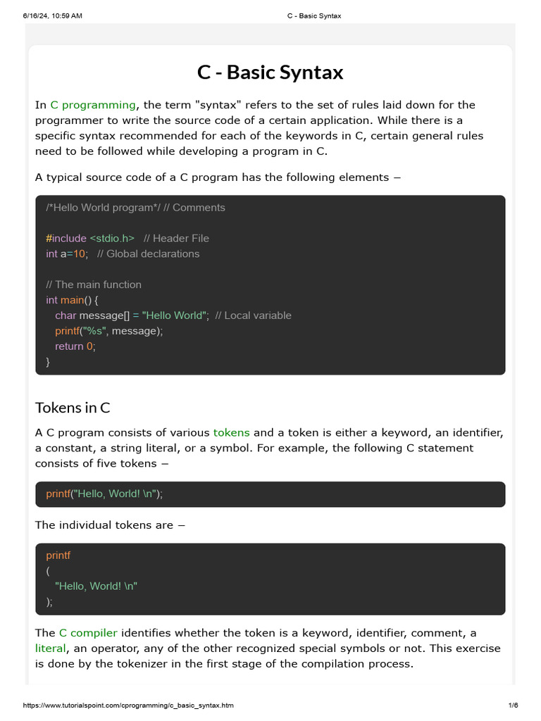 C - Basic Syntax | PDF | C (Programming Language) | Reserved Word