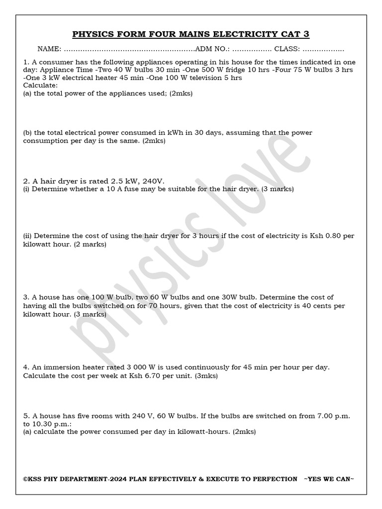 Physics Form Four Mains Electricity Questions | PDF | Electric Power ...