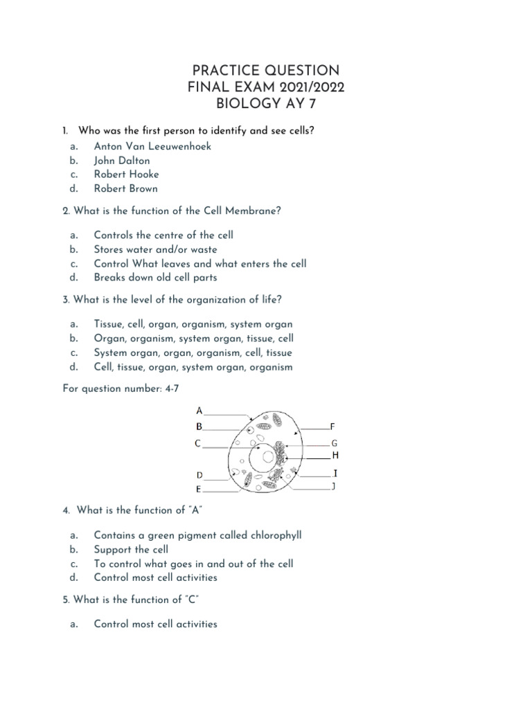 Biology Practice | PDF | Cell (Biology) | Organisms
