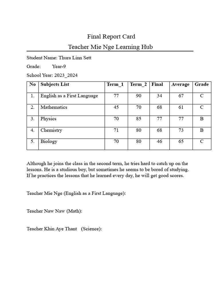 Year 9 Final Report Card for Thura Linn Sett | PDF