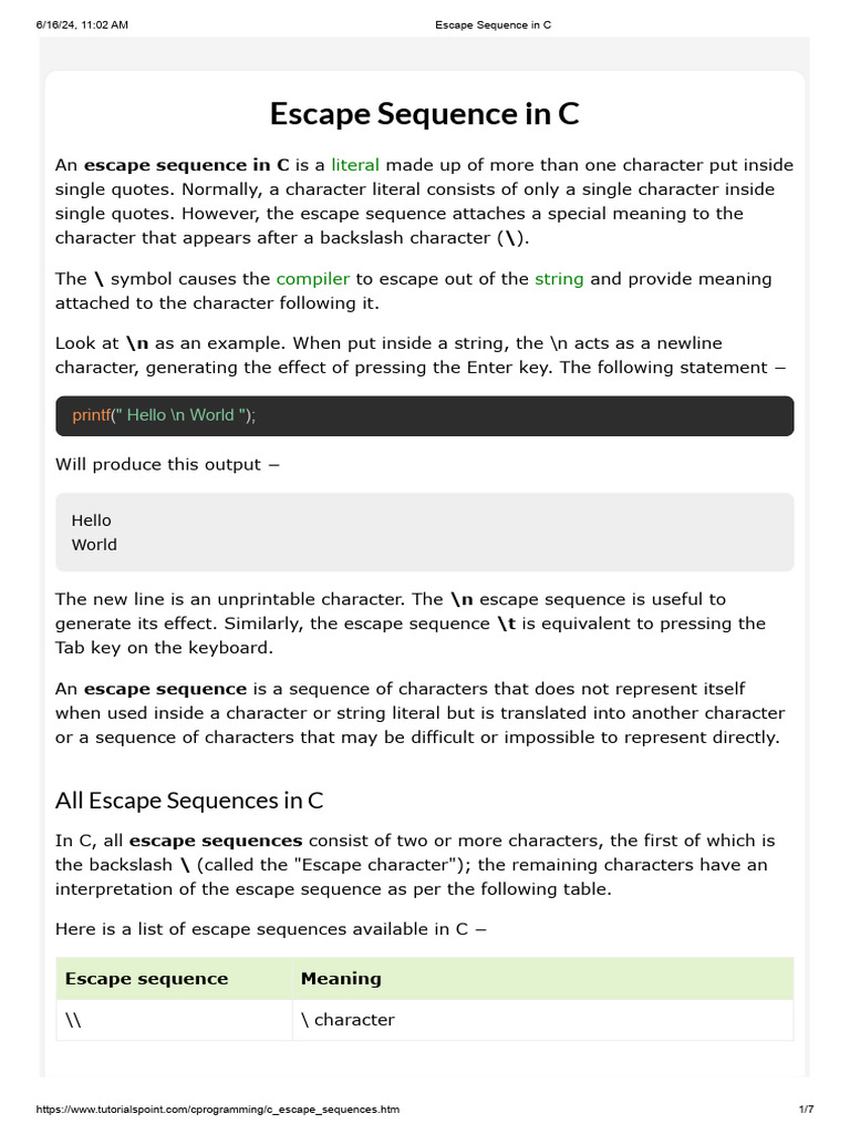 Escape Sequence in C | PDF | Text | Computing
