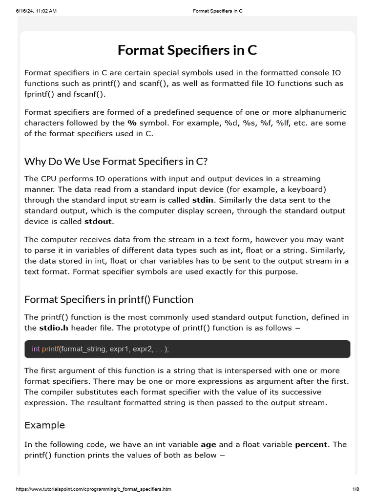 Format Specifiers in C | PDF | Integer (Computer Science) | Computer ... Format Specifiers in C | PDF | Integer (Computer Science) | Computer ...