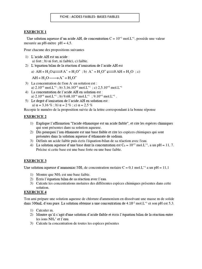 Chimie : Acides et Bases Faibles | PDF | Ph | Ammonium