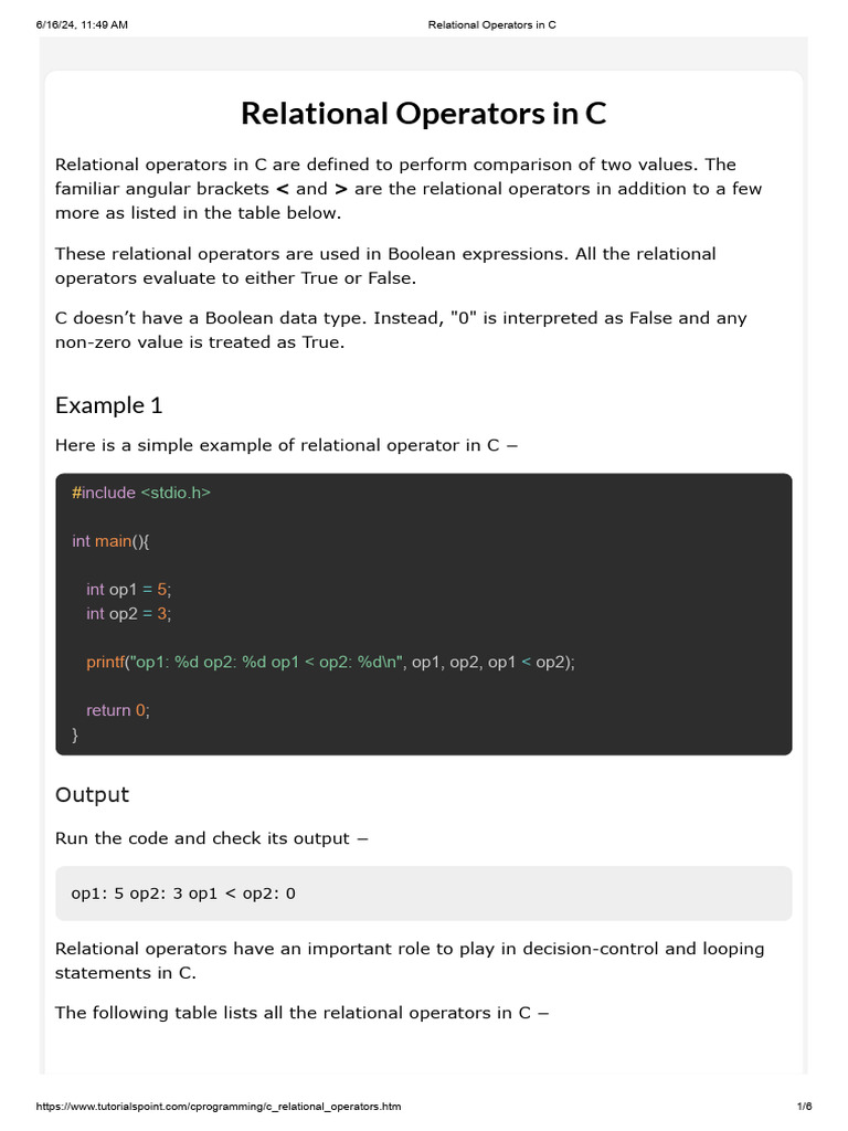 Relational Operators in C | Download Free PDF | Boolean Data Type | Computer Programming