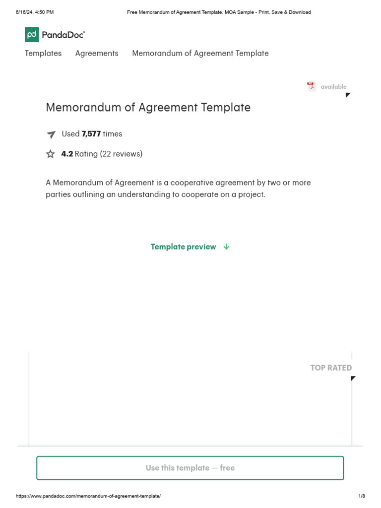 Free Memorandum of Agreement Template, MOA Sample - Print, Save ...