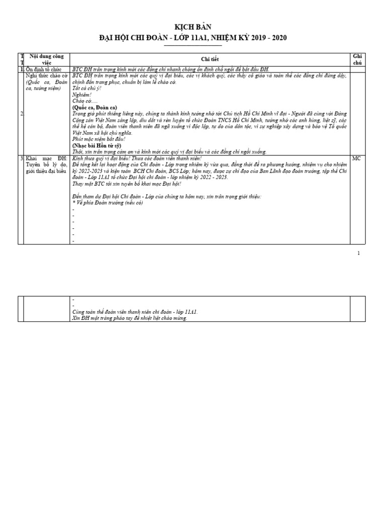 Kich Ban Kem Loi Dan Chi Tiet DH Chi Doan 2018 | PDF