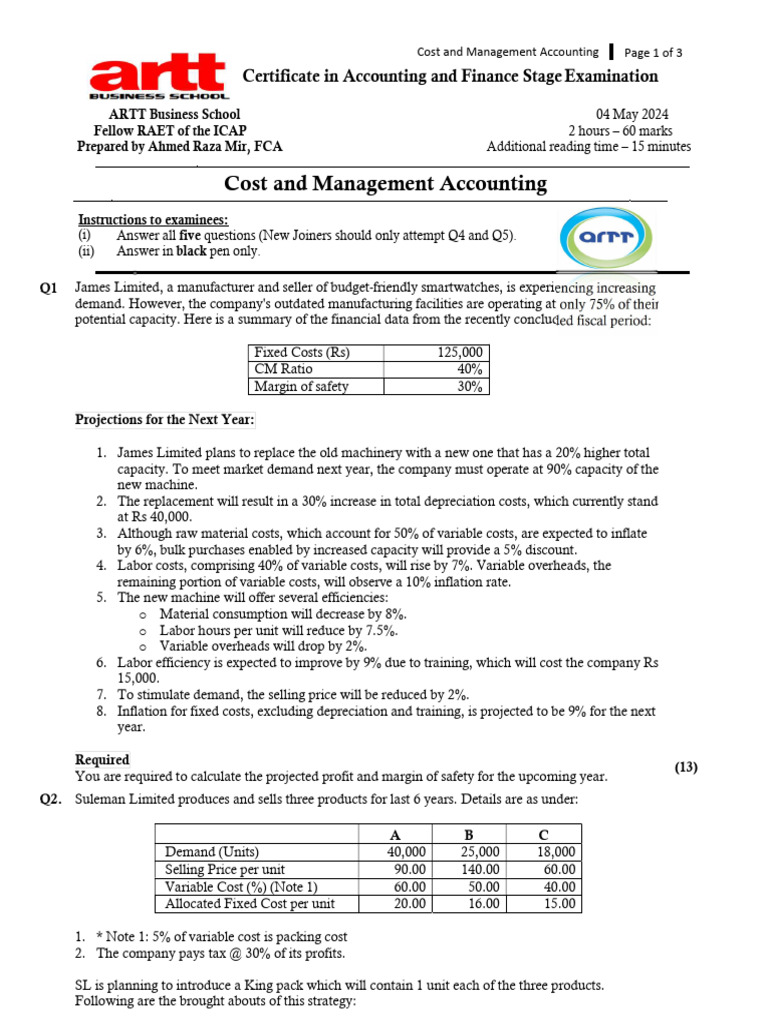 CMA 3rd Mock ICAP Pattern | PDF | Labour Economics | Profit (Economics)