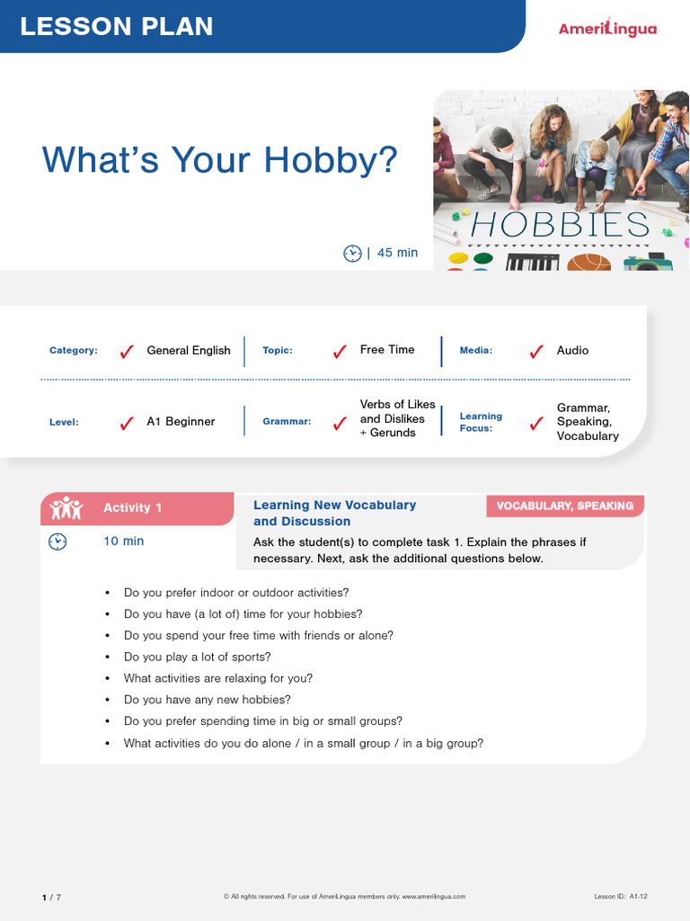 Beginner Hobby Lesson Plan | PDF | Linguistics | Linguistic Typology