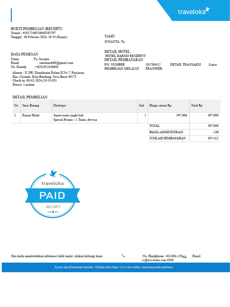 Bukti Pembayaran Hotel Traveloka | PDF
