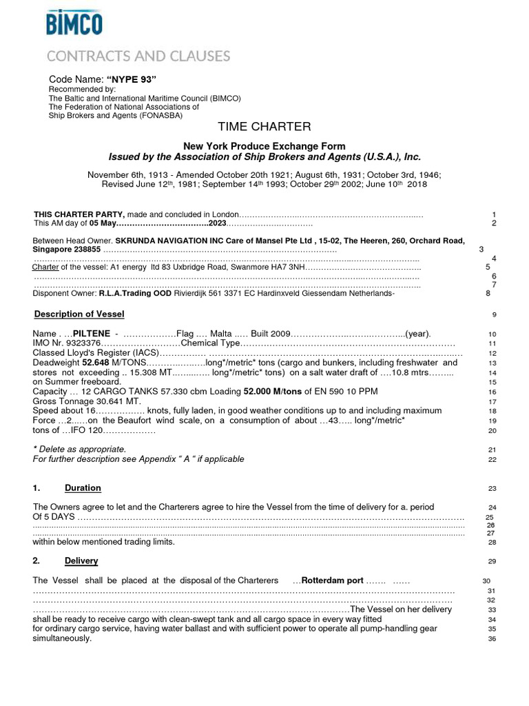 NYPE 93 Time Charter Agreement | PDF | Bill Of Lading | Shipping