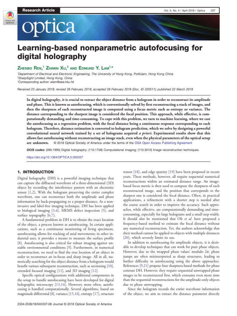 Learning-Based Nonparametric Autofocusing For Digital Holography | PDF | Holography | Support ...