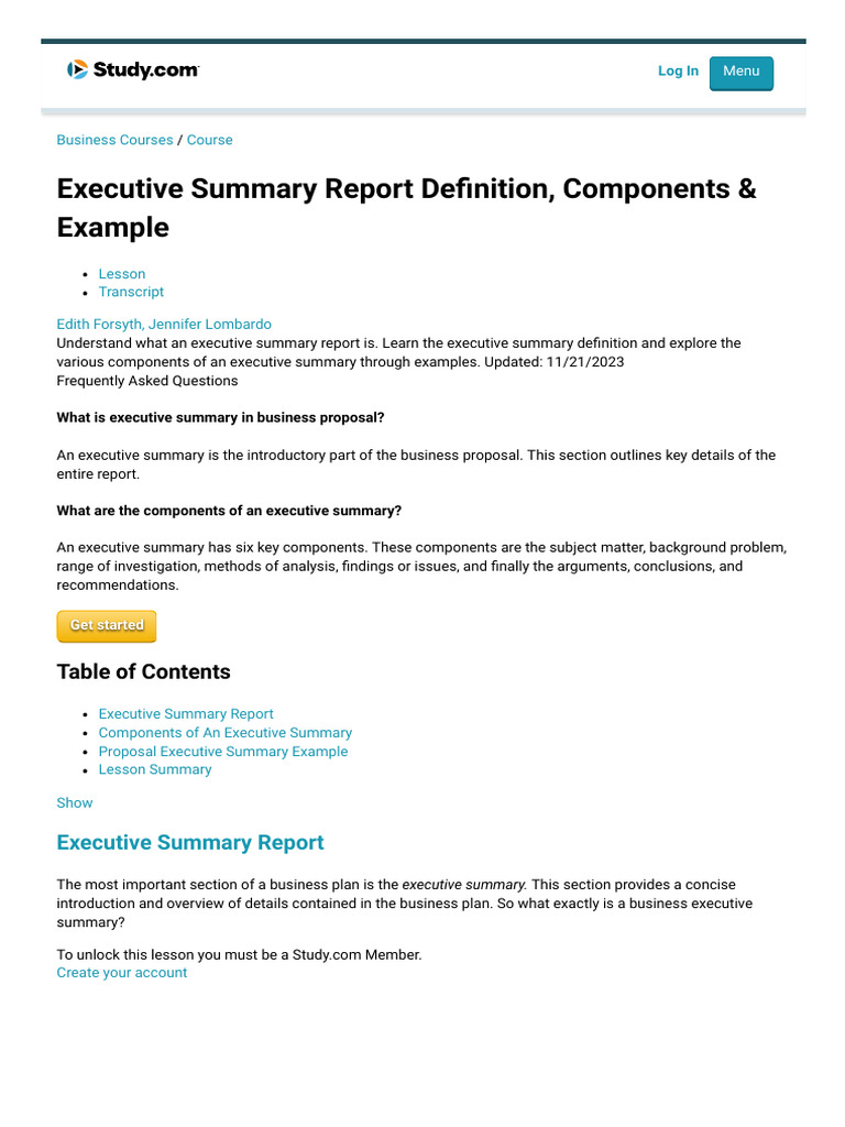 ExecutiveSummaryReportDefinition, Components&Example LessonStudy - Com ...