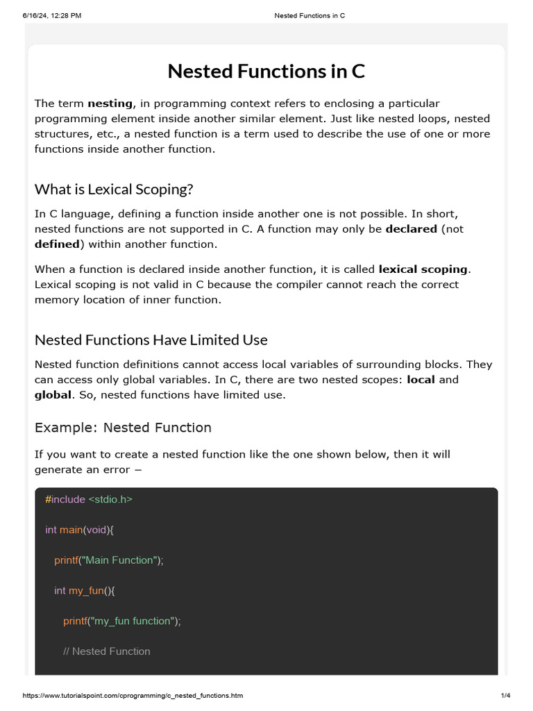Nested Functions in C | PDF | Scope (Computer Science) | Computer Science Nested Functions in C | PDF | Scope (Computer Science) | Computer Science