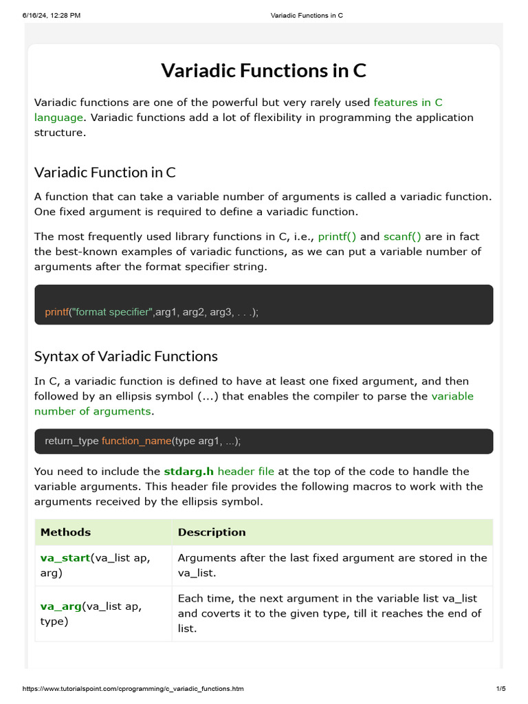 Variadic Functions in C | PDF | Computer Engineering | Control Flow Variadic Functions in C | PDF | Computer Engineering | Control Flow