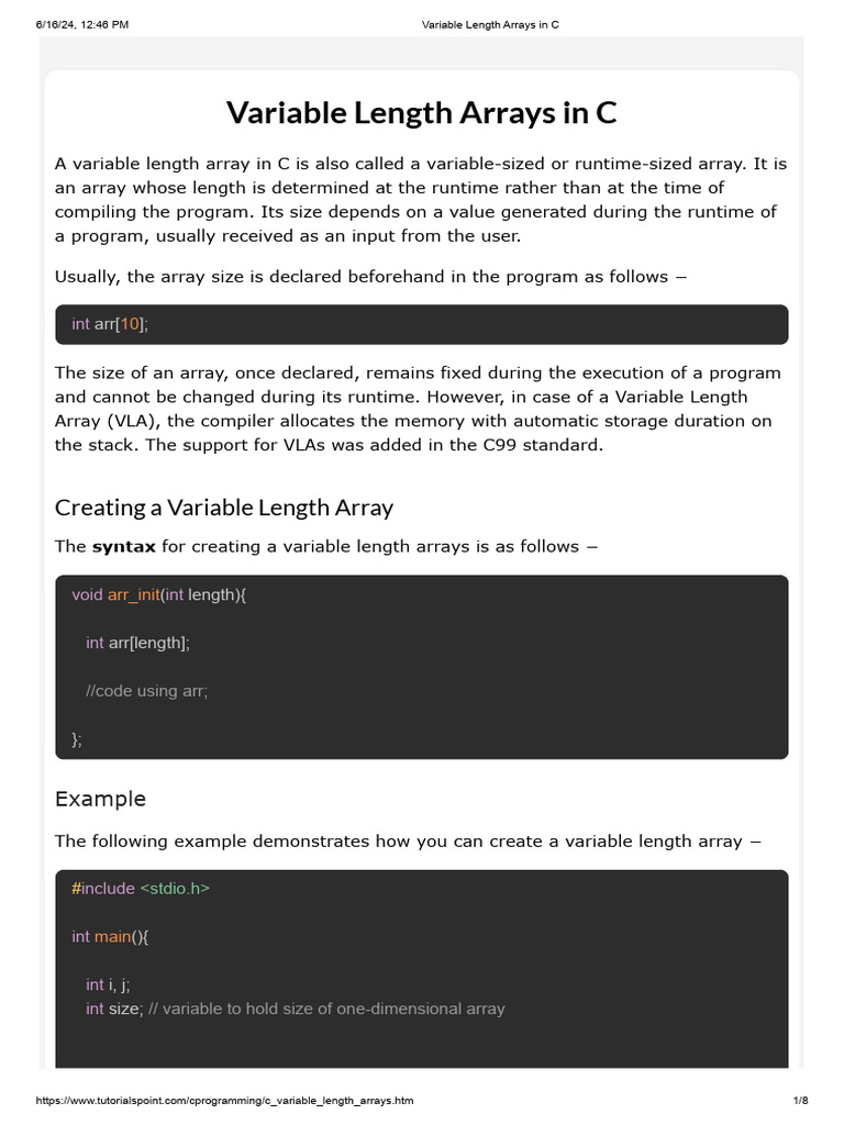 Variable Length Arrays In C Pdf Computer Programming Computer 0661