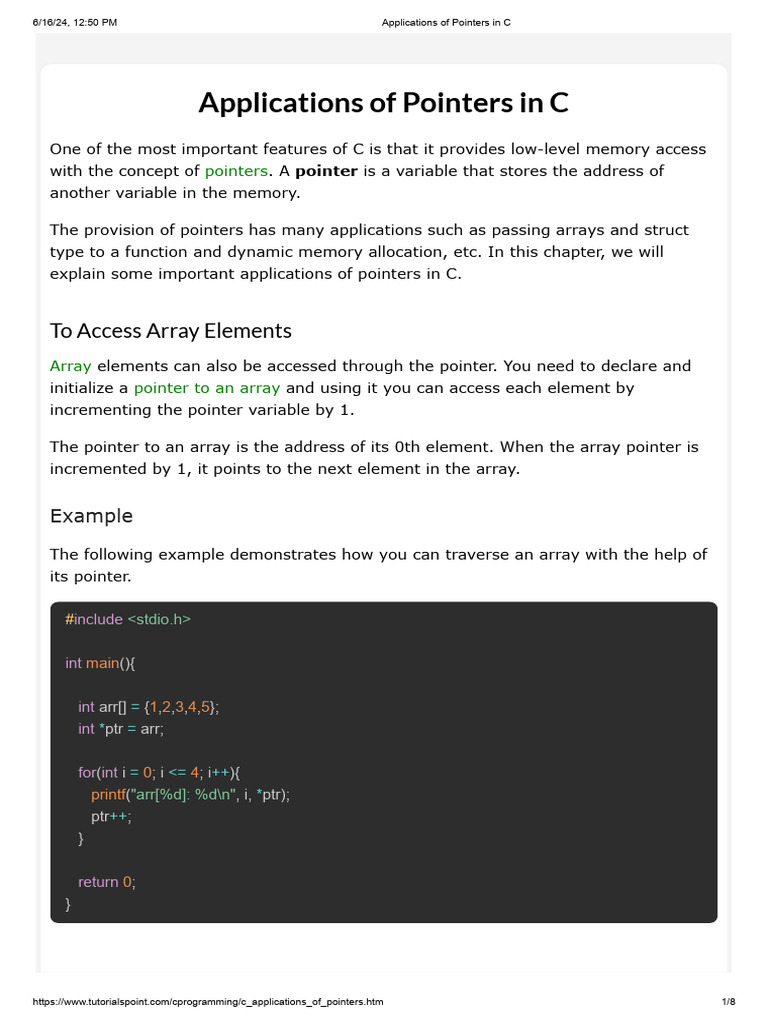 Applications of Pointers in C | PDF | Pointer (Computer Programming) | Software Development