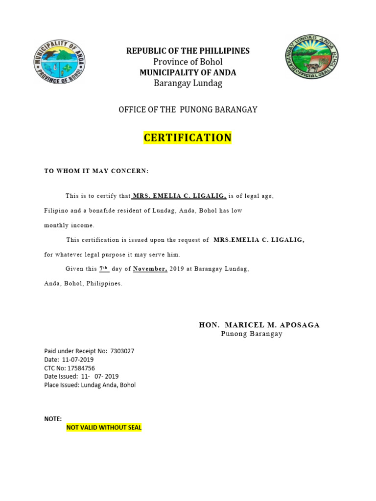 Barangay Low Income Certification Sample | PDF