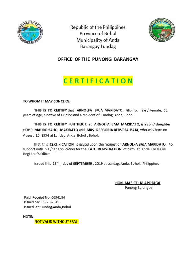 Birth Certification for Late Registration in Lundag | PDF