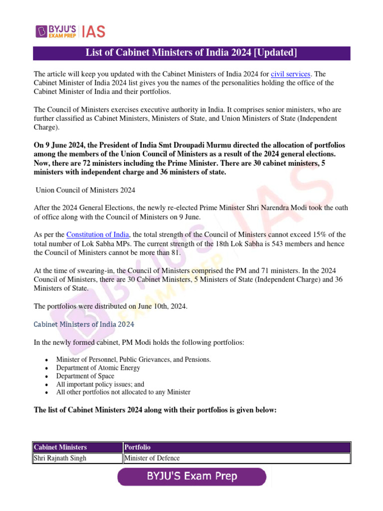 List-of-Cabinet-Ministers-of-India-2024 | PDF | Government | Government ...