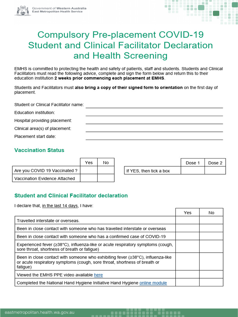 COVID-19 Health Screening Declaration Form | PDF | Chronic Condition ...