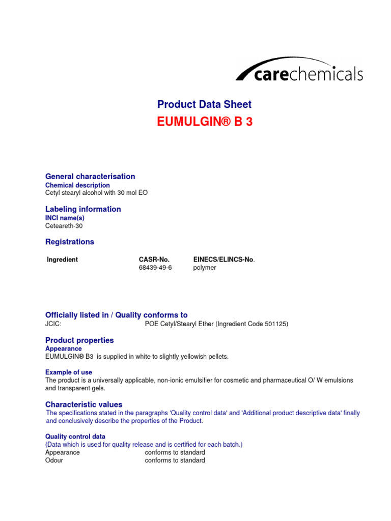 Ceteareth-30 - TDS - Cognis | PDF | Emulsion | Chemical Substances