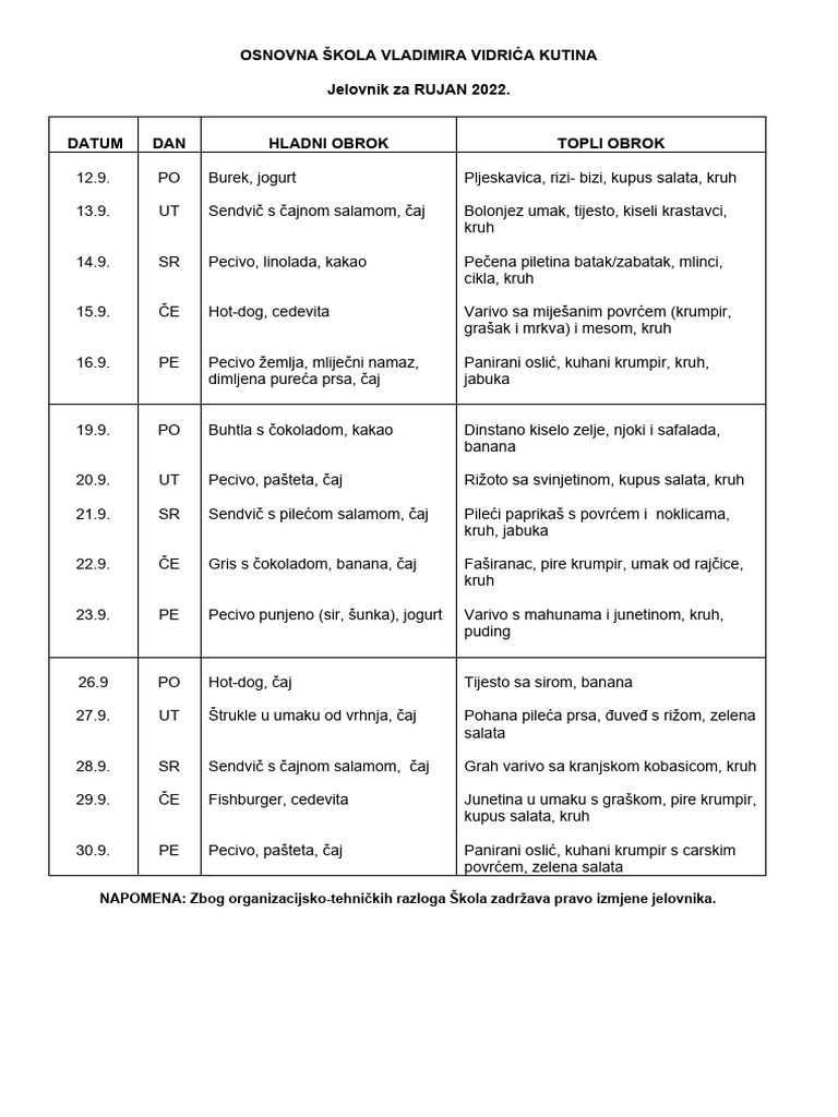 Jelovnik Za RUJAN 2022 | PDF