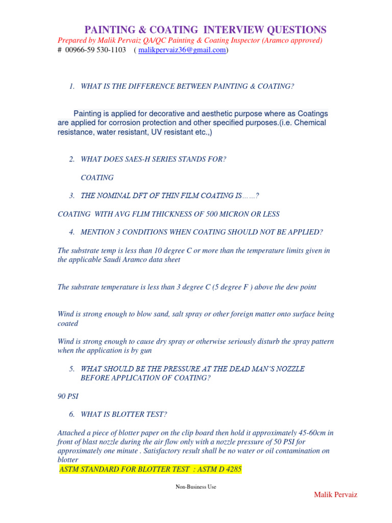 PAINTING & COATING INTERVIEW QUESTIONS | Download Free PDF | Paint ...