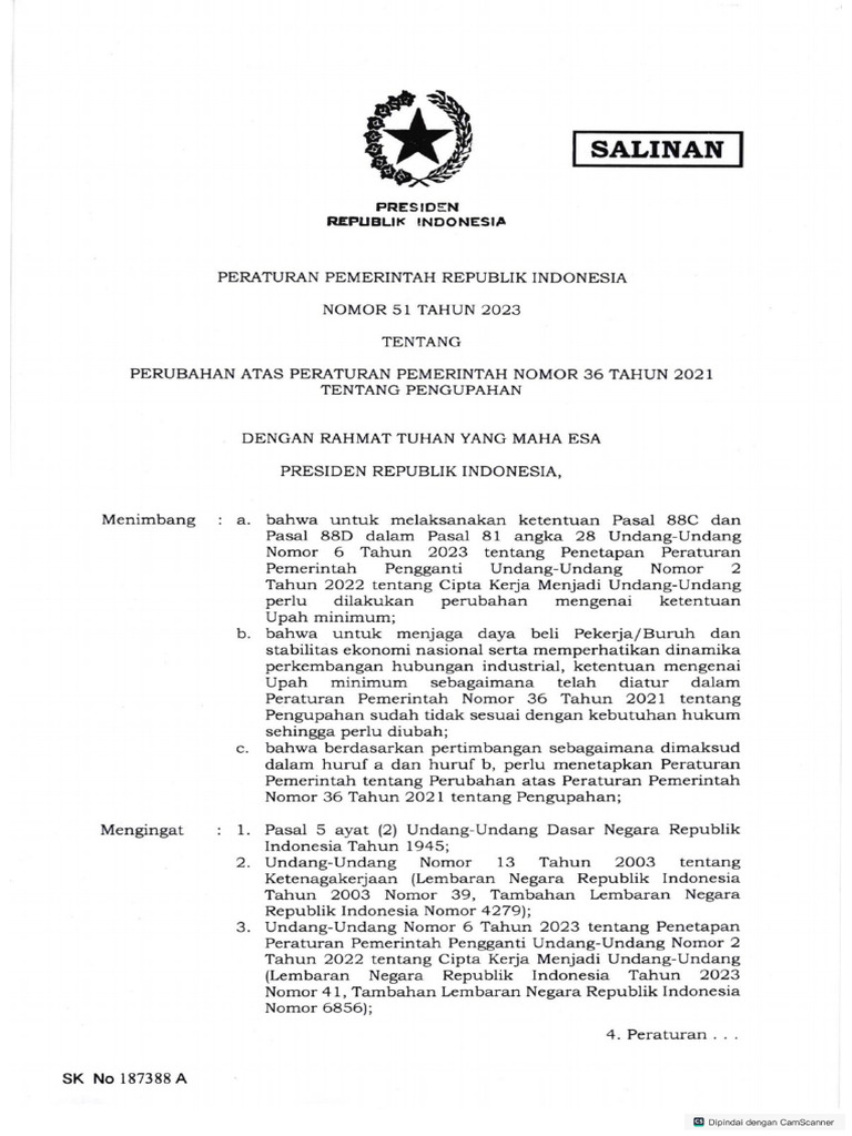 Peraturan Pemerintah RI Nomor 51 Tahun 2023 | PDF