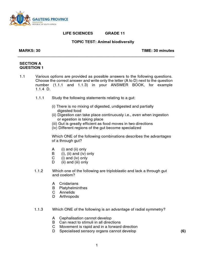 Grade 11 Animal Biodiversity Test | PDF | Fish | Zoology