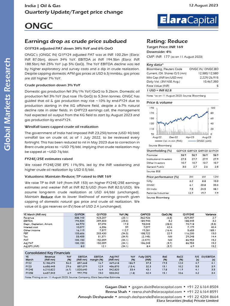 ONGC - Elara Securities - 12 August 2023 | PDF | Balance Sheet | Financial Economics
