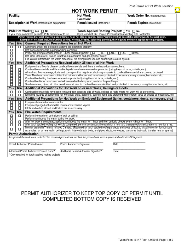Hot Work Permit, Tyson Form 16147 | PDF | Fires | Ceiling