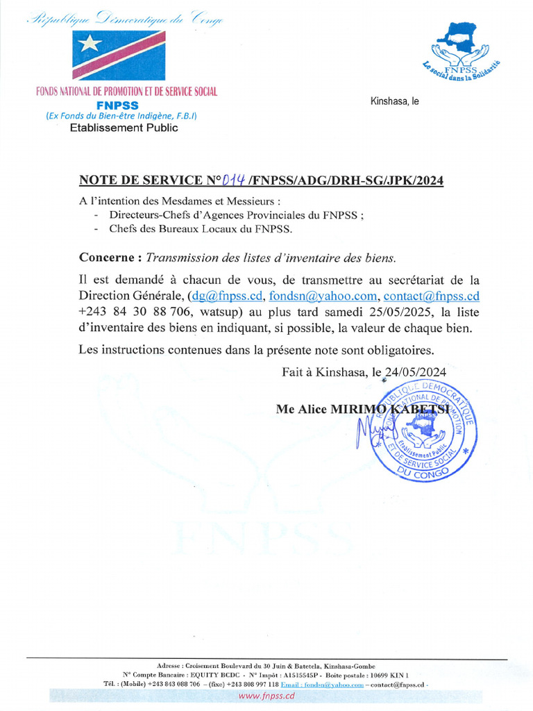 Note de Service 014 | PDF
