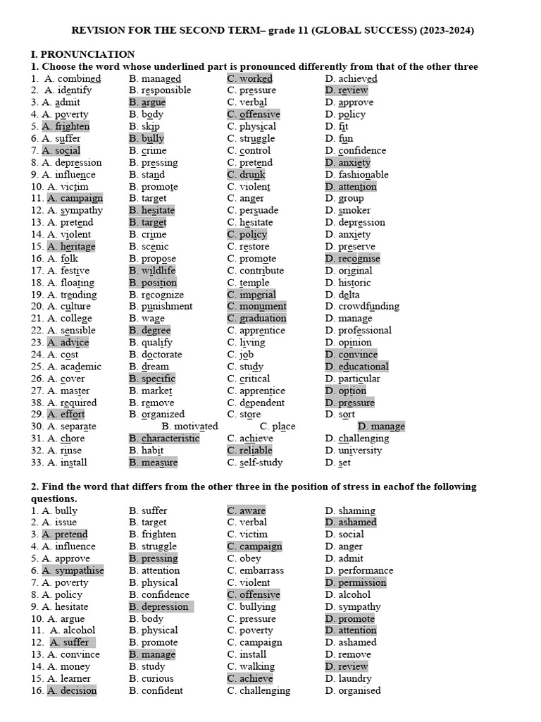 Grade 11 Global Success Term 2 Revision | PDF | Bullying | Adolescence