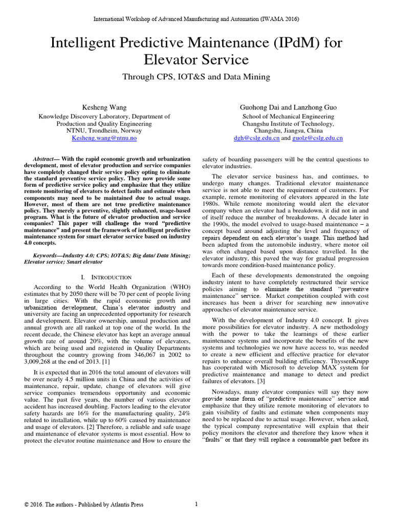Intelligent Predictive Maintenance (Ipdm) For Elevator Service | PDF | Internet Of Things ...