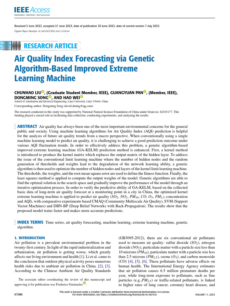 Air Quality Index Forecasting Via Genetic Algorithm-Based Improved Extreme Learning Machine ...