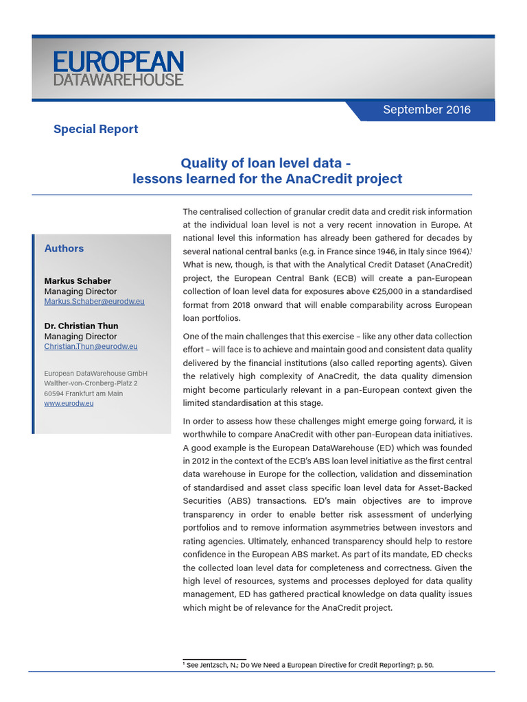 Special Report Quality of Loan Level Data Lessons Learned For The ...