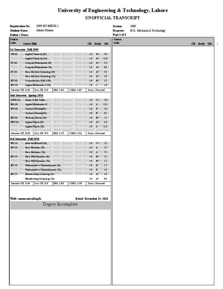 University of Engineering & Technology, Lahore: Unofficial Transcript | PDF