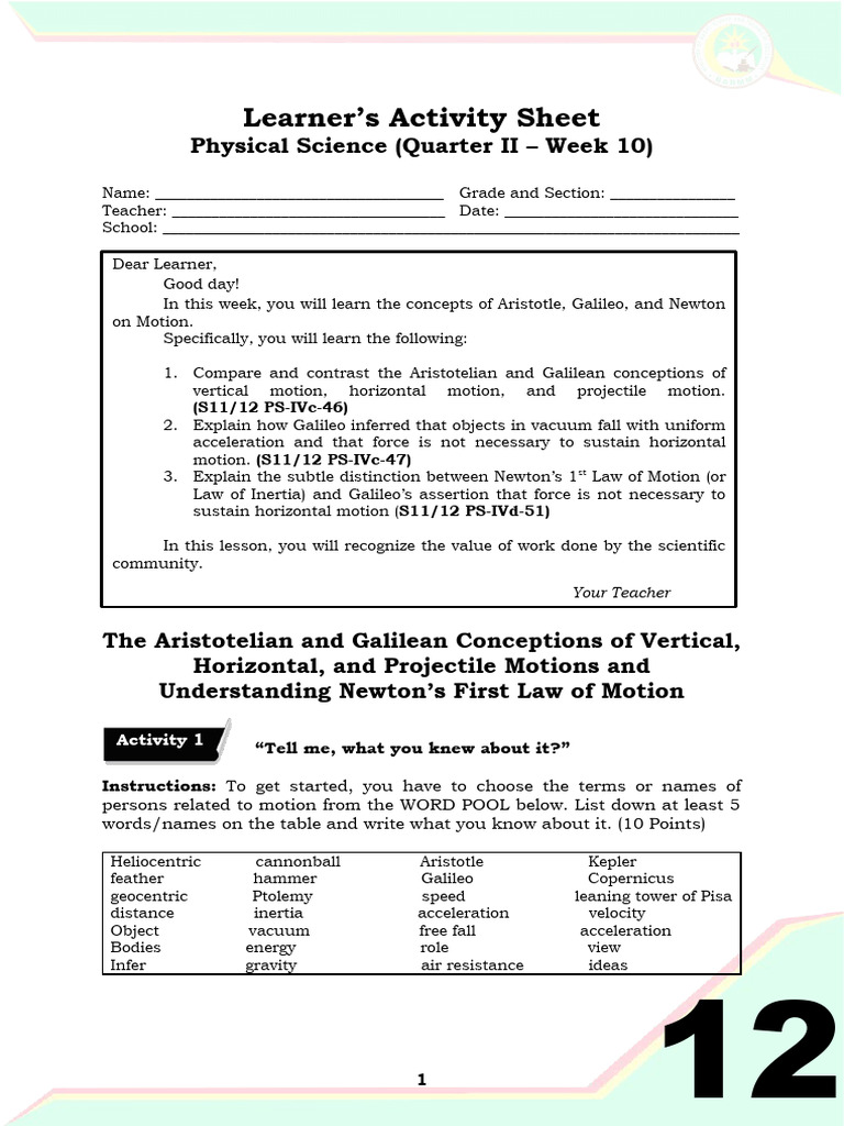 Week 10. Physical Science 2 | PDF | Force | Inertia
