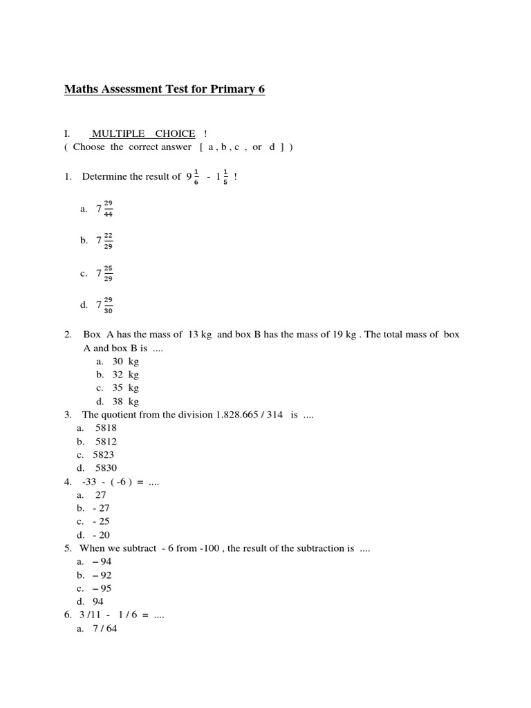 Primary 6 Arithmetic Assessment Test | PDF | Division (Mathematics ...