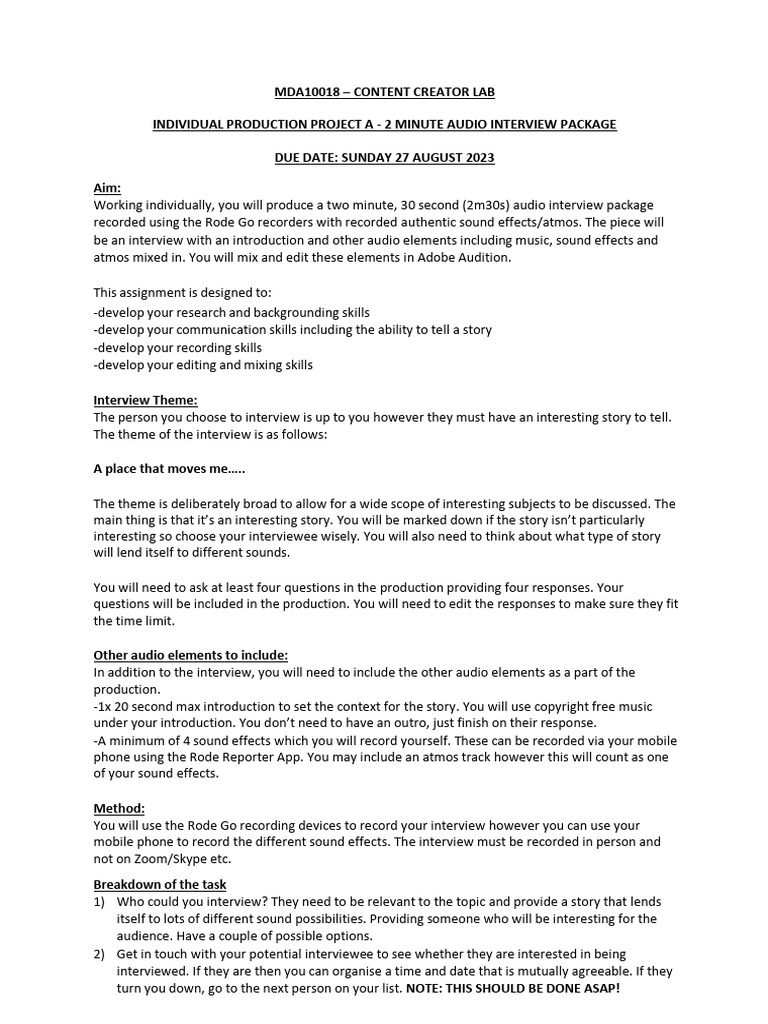 MDA10018 Content Creator Lab - Audio Assignment S2 2023 | PDF | Interview | Mp3