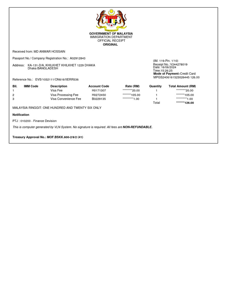 Malaysia eVISA Receipt_MD ANWAR_HOSSAIN | PDF