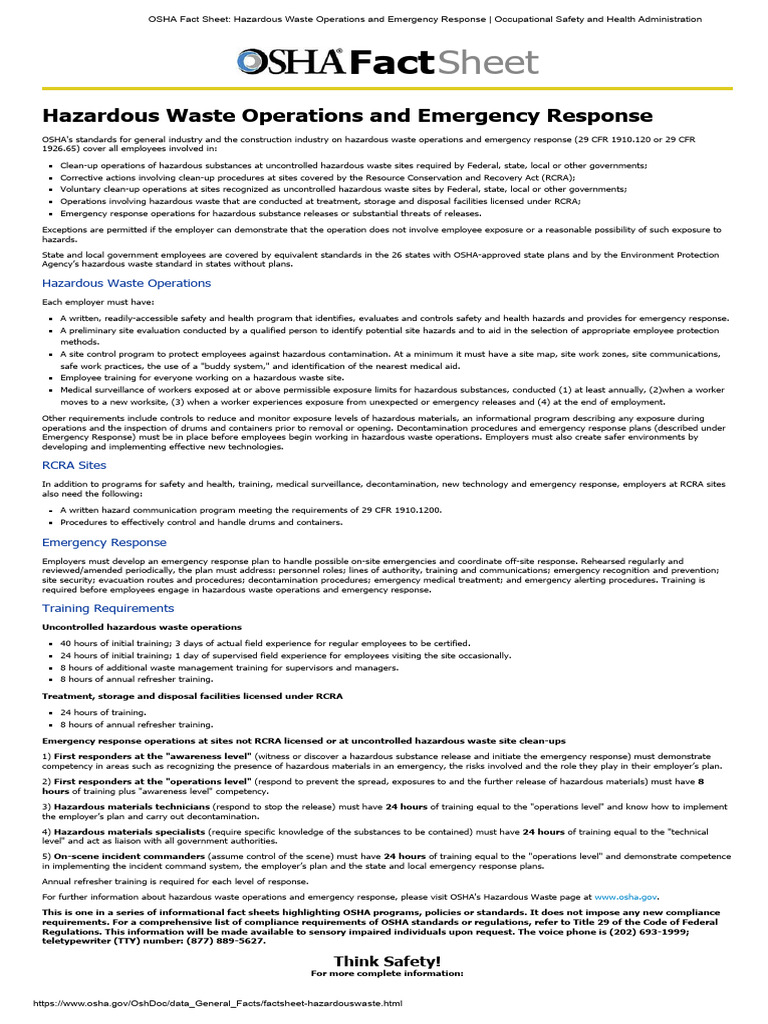 OSHA Fact Sheet Hazardous Waste Operations and Emergency Response | PDF ... OSHA Fact Sheet Hazardous Waste Operations and Emergency Response | PDF ...