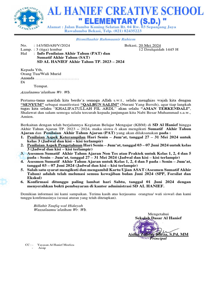 Info PAT dan SAT SD Al Hanief 2024 | PDF